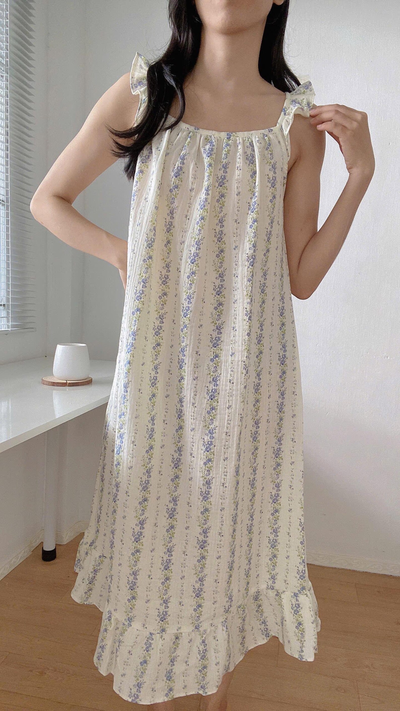 Muslin Cotton Nightgown - Floral Ruffle Strap Sleep Dress - Etsy