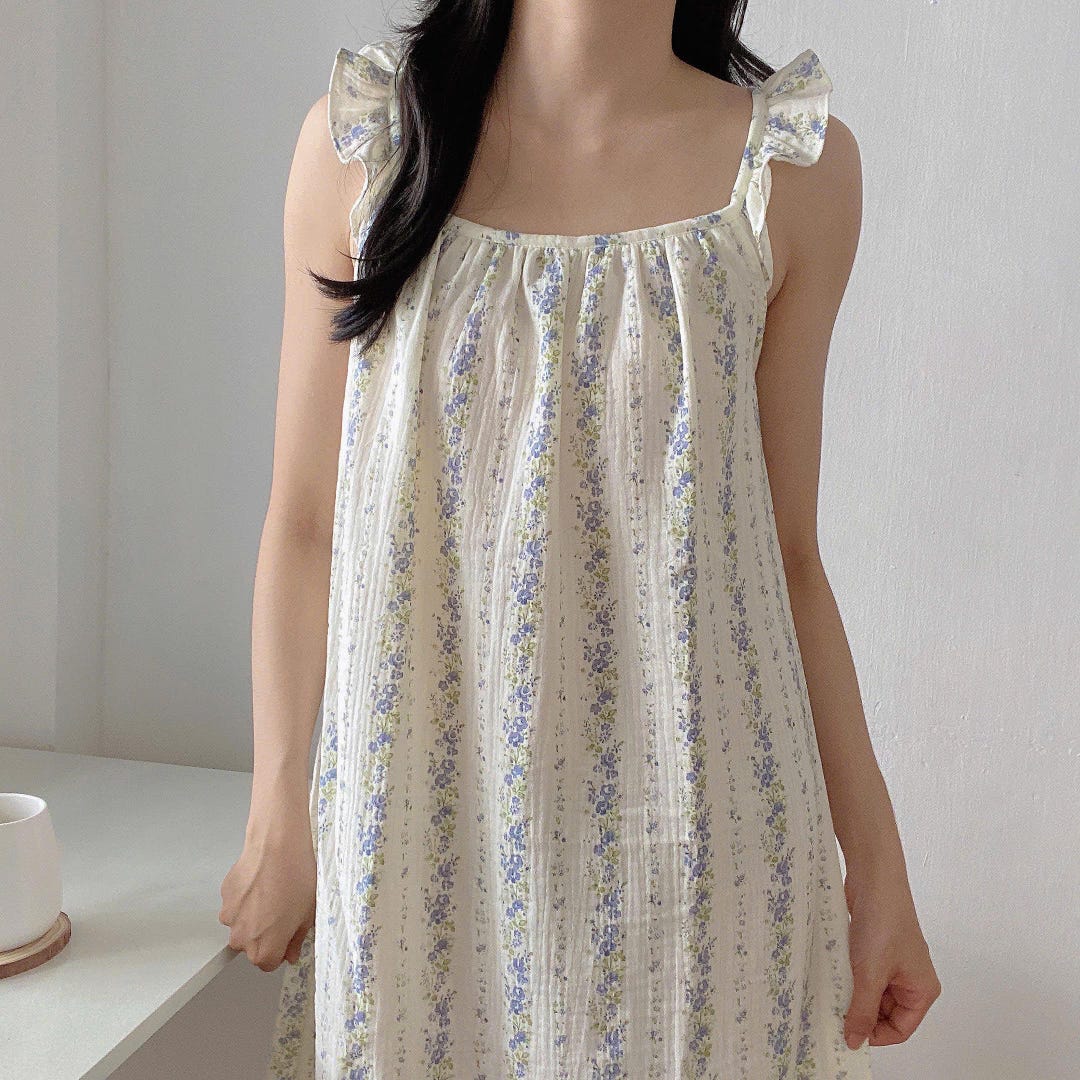 Muslin Cotton Nightgown - Floral Ruffle Strap Sleep Dress - Etsy