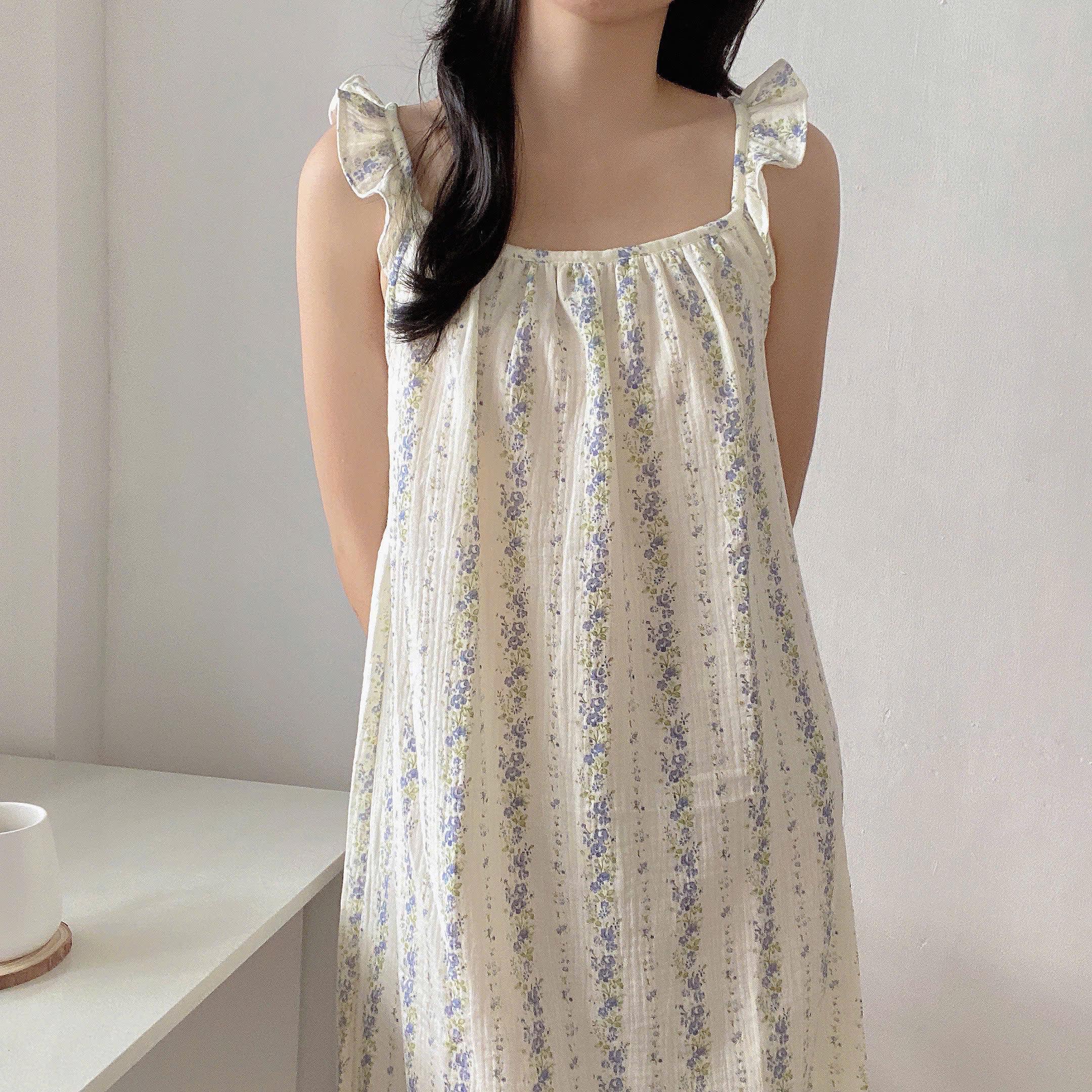 Muslin Cotton Nightgown - Floral Ruffle Strap Sleep Dress - Etsy