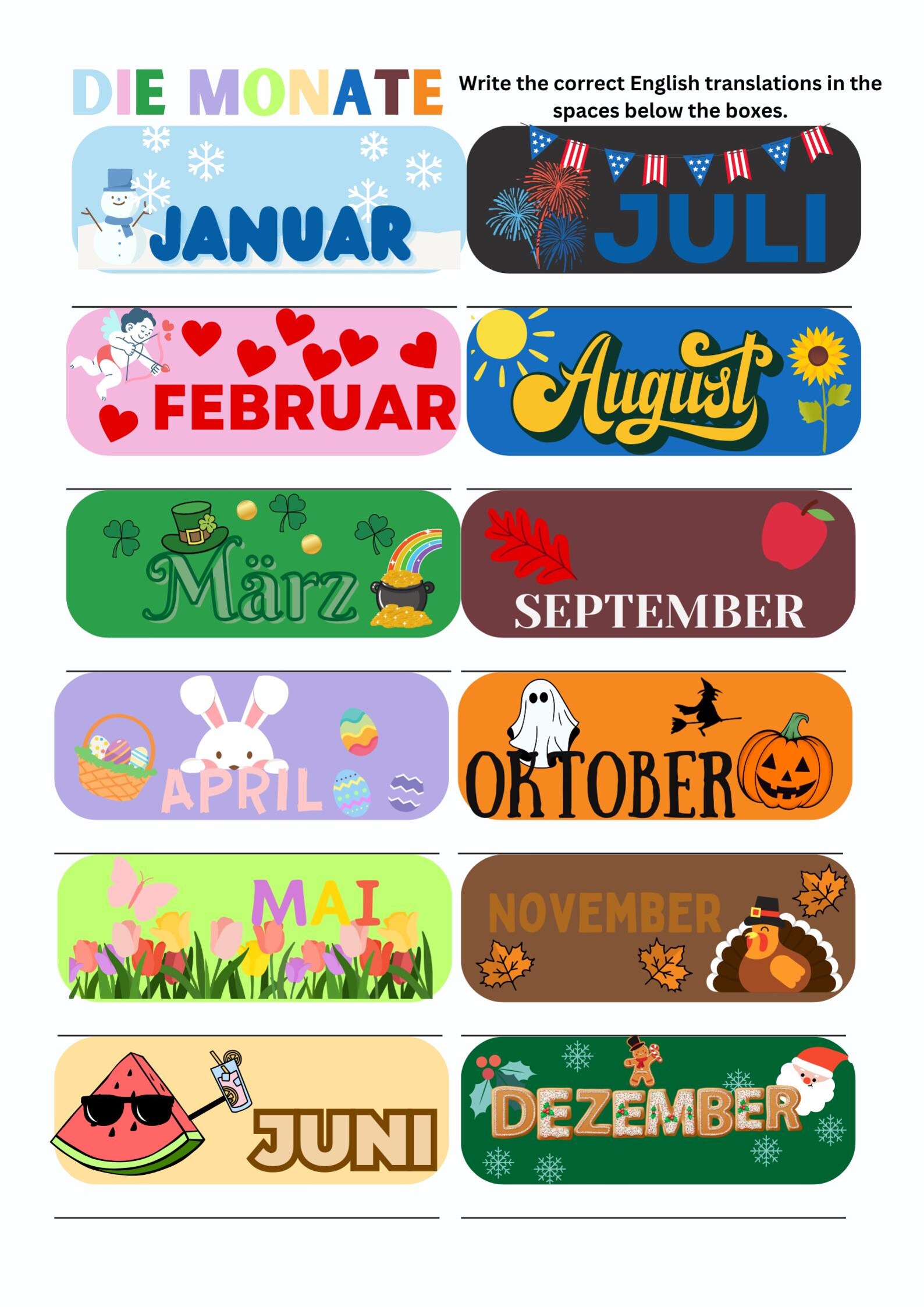 German Months of the Year Worksheet | Fun Visuals for English ...