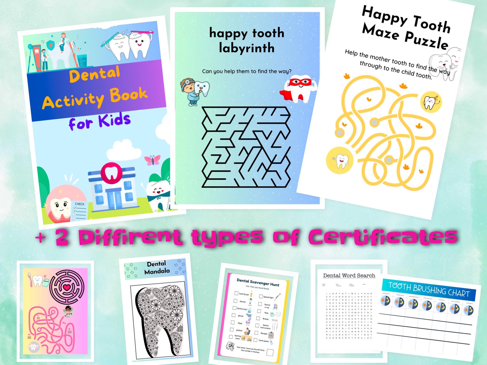 Printable Dental Activity Book for Kids: Tooth Brushing Chart, Maze ...