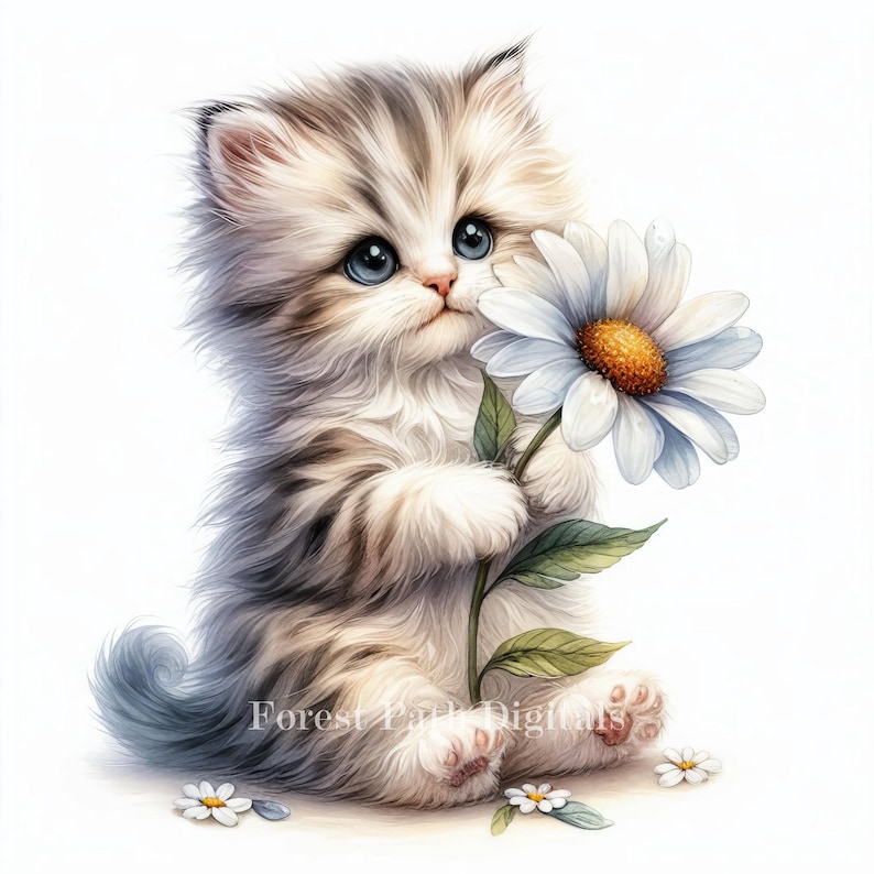 Kitten With Flowers -clip Art Bundle, Digital Files Download, Whimsical ...