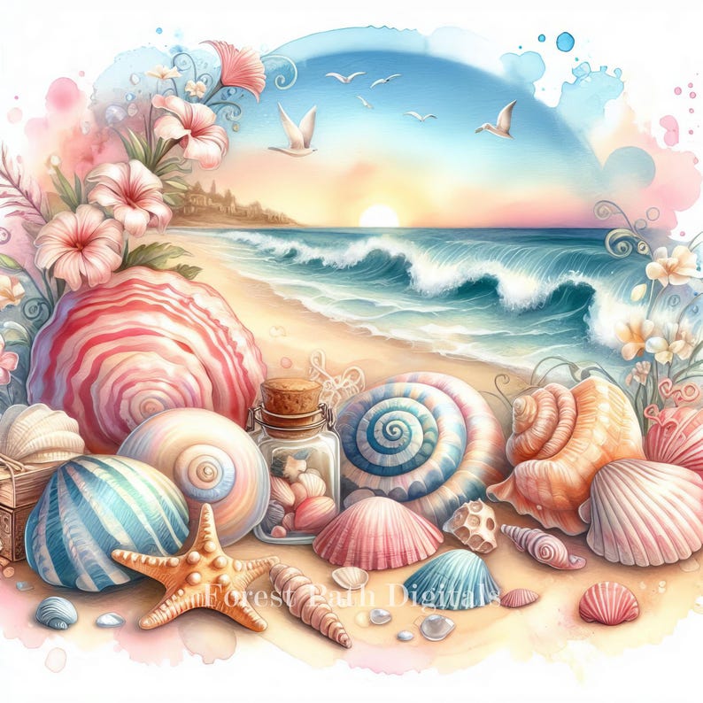 Shell Beach - Clip Art Bundle, Digital Images Files Download, Whimsical ...