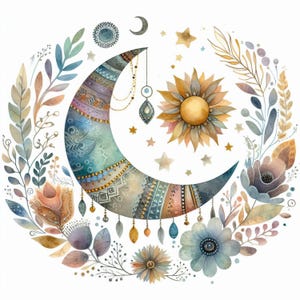 Boho Moon - Clip Art Bundle, Digital Image Files Download, Whimsical ...