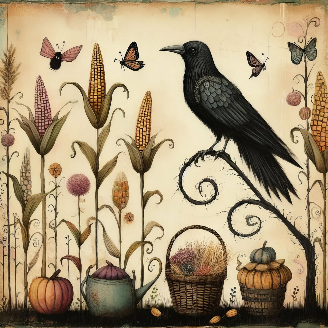 Primitive Cornfield Crow Clip Art Bundle, Digital Download, Digital ...