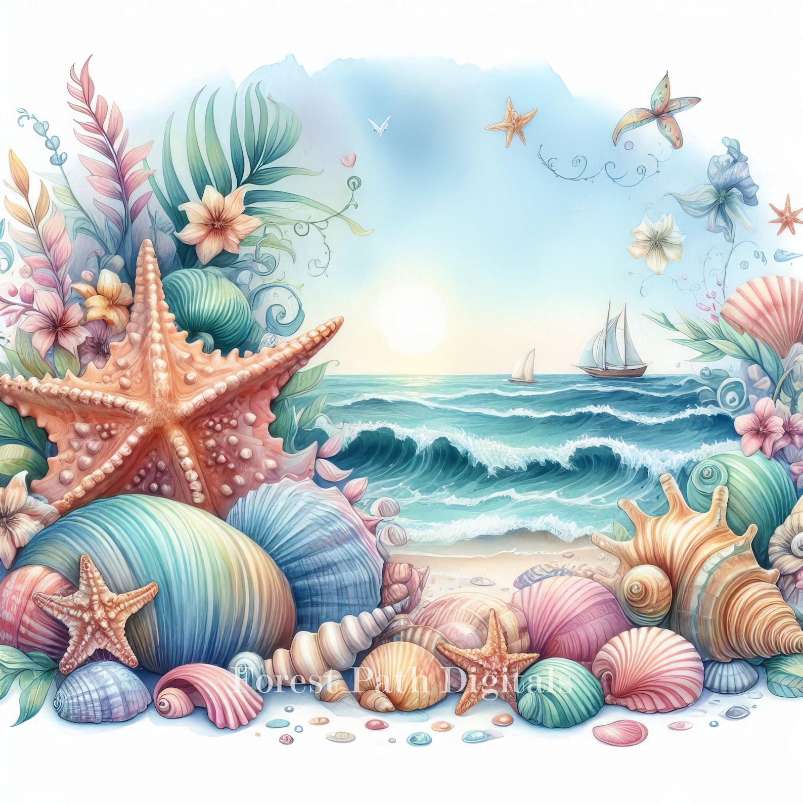 Shell Beach - Clip Art Bundle, Digital Images Files Download, Whimsical ...