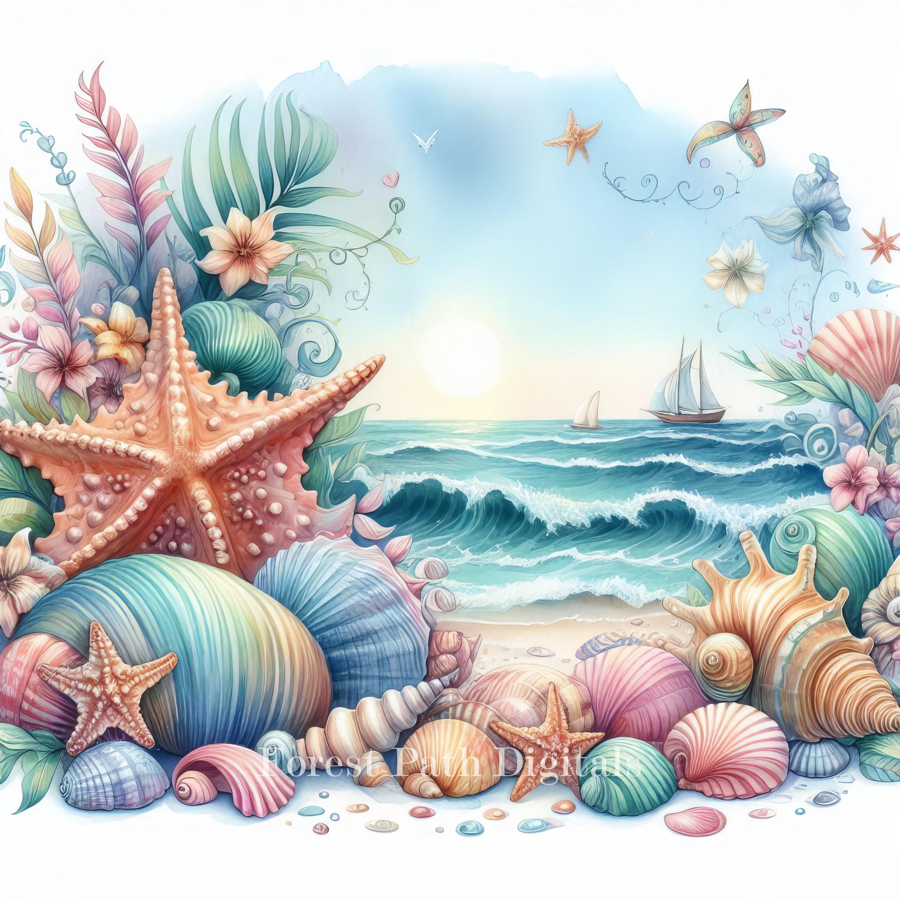 Shell Beach - Clip Art Bundle, Digital Images Files Download, Whimsical ...