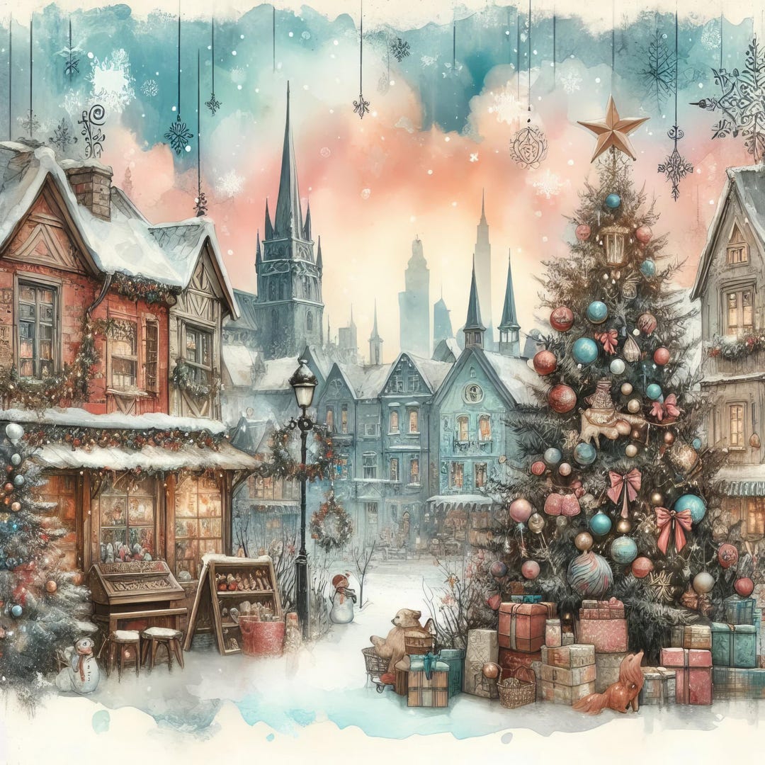 Watercolor Christmas Town - Clip Art Bundle, Digital Download, Digital ...