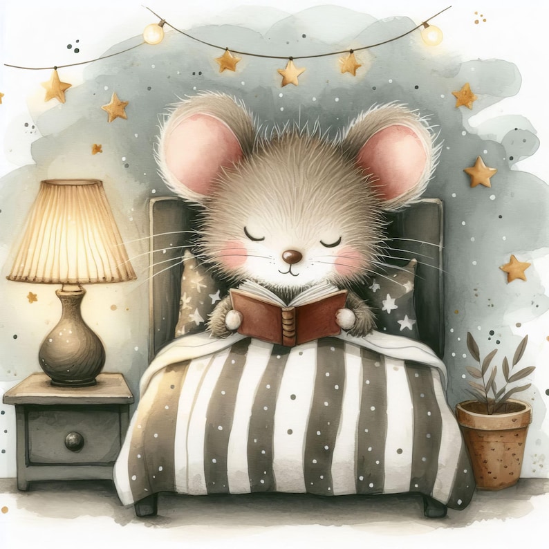 Bedtime Mouse - Digital Clip Art Bundle, Whimsical, Boho, Shabby Chic ...