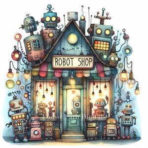 Robot Shop- Clip Art Bundle, Digital File Images Download, Whimsical ...