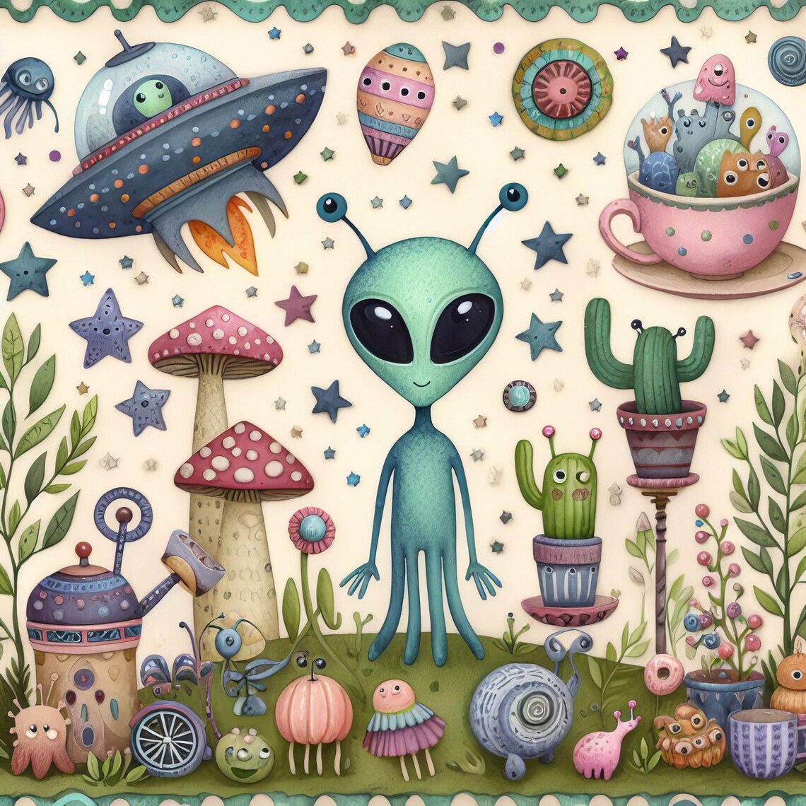 Whimsical Alien Paper - Clip Art Bundle, Digital Download, Outer Space ...