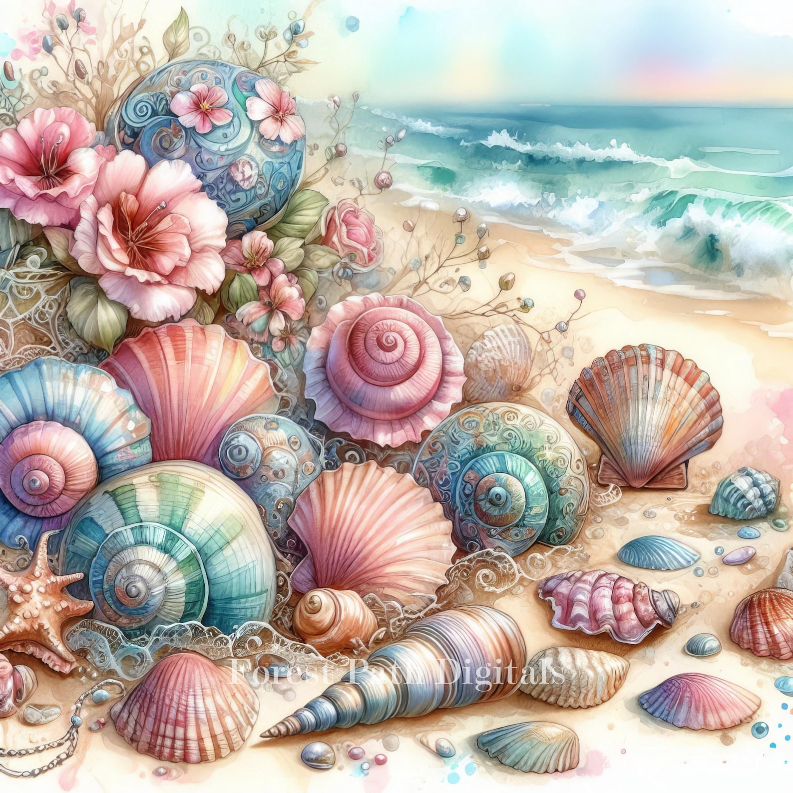 Shell Beach - Clip Art Bundle, Digital Images Files Download, Whimsical ...