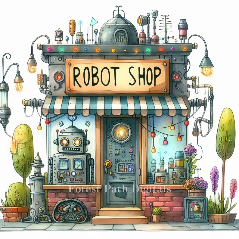 Robot Shop- Clip Art Bundle, Digital File Images Download, Whimsical ...