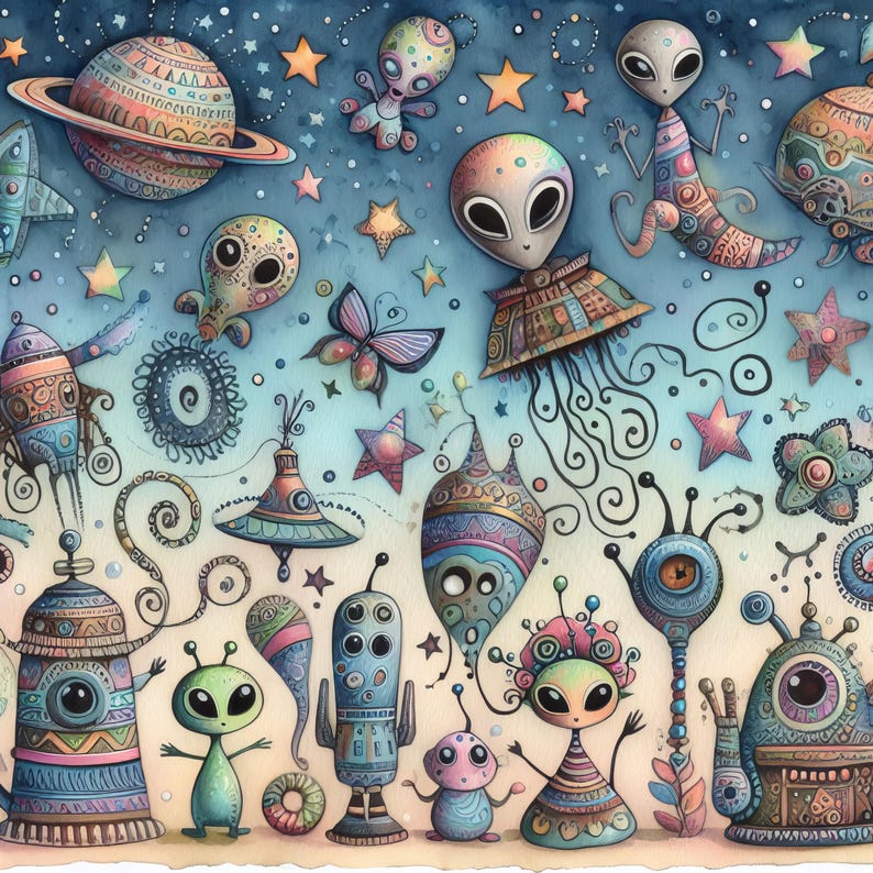 Whimsical Alien Paper - Clip Art Bundle, Digital Download, Outer Space ...
