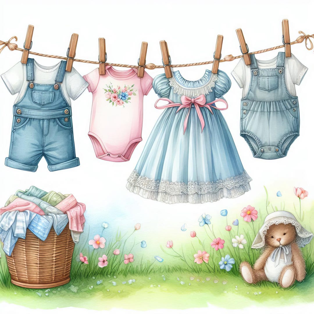 Baby Girl Clothesline - Digital Clip Art Bundle, Wall Art, Shabby Chic ...
