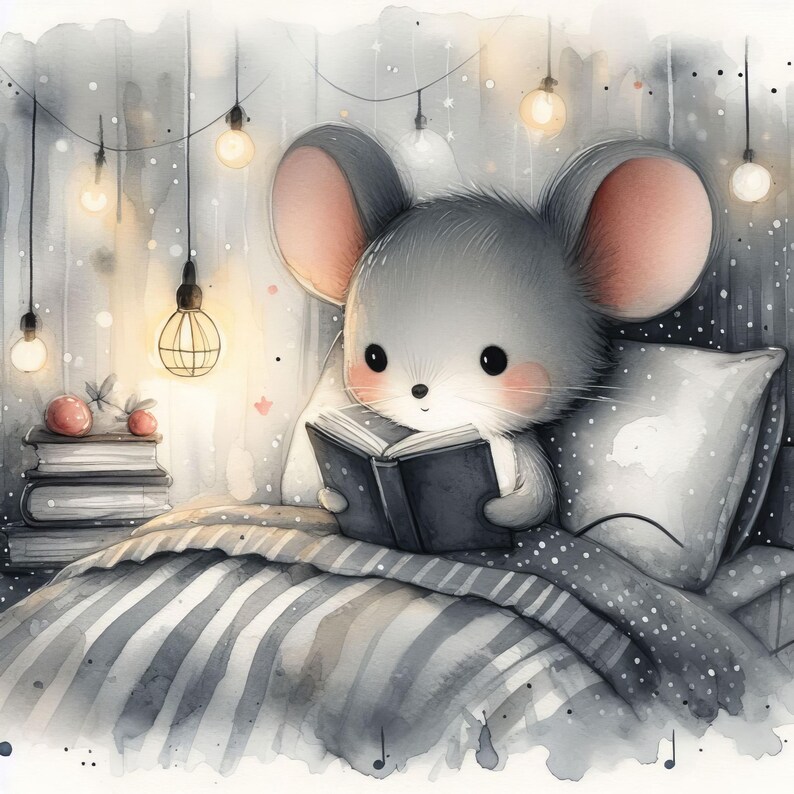 Bedtime Mouse - Digital Clip Art Bundle, Whimsical, Boho, Shabby Chic ...