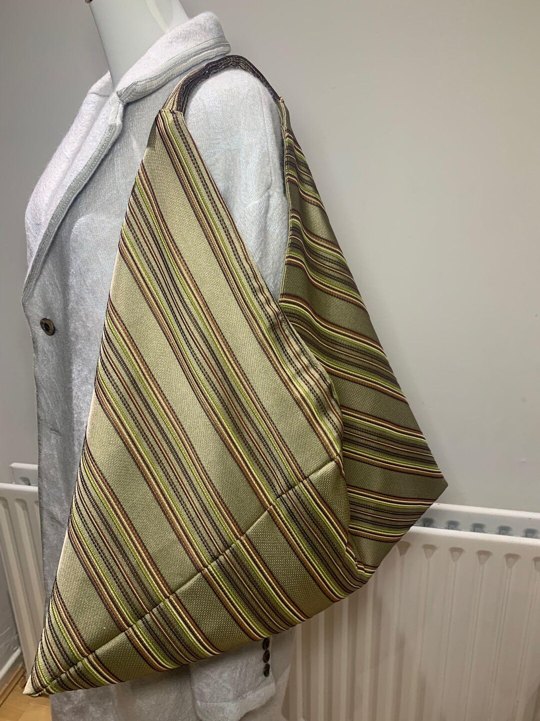 Vintage Khaki Satin Dobby Stripe Origami Shoulder Bag, Unique Tote ...