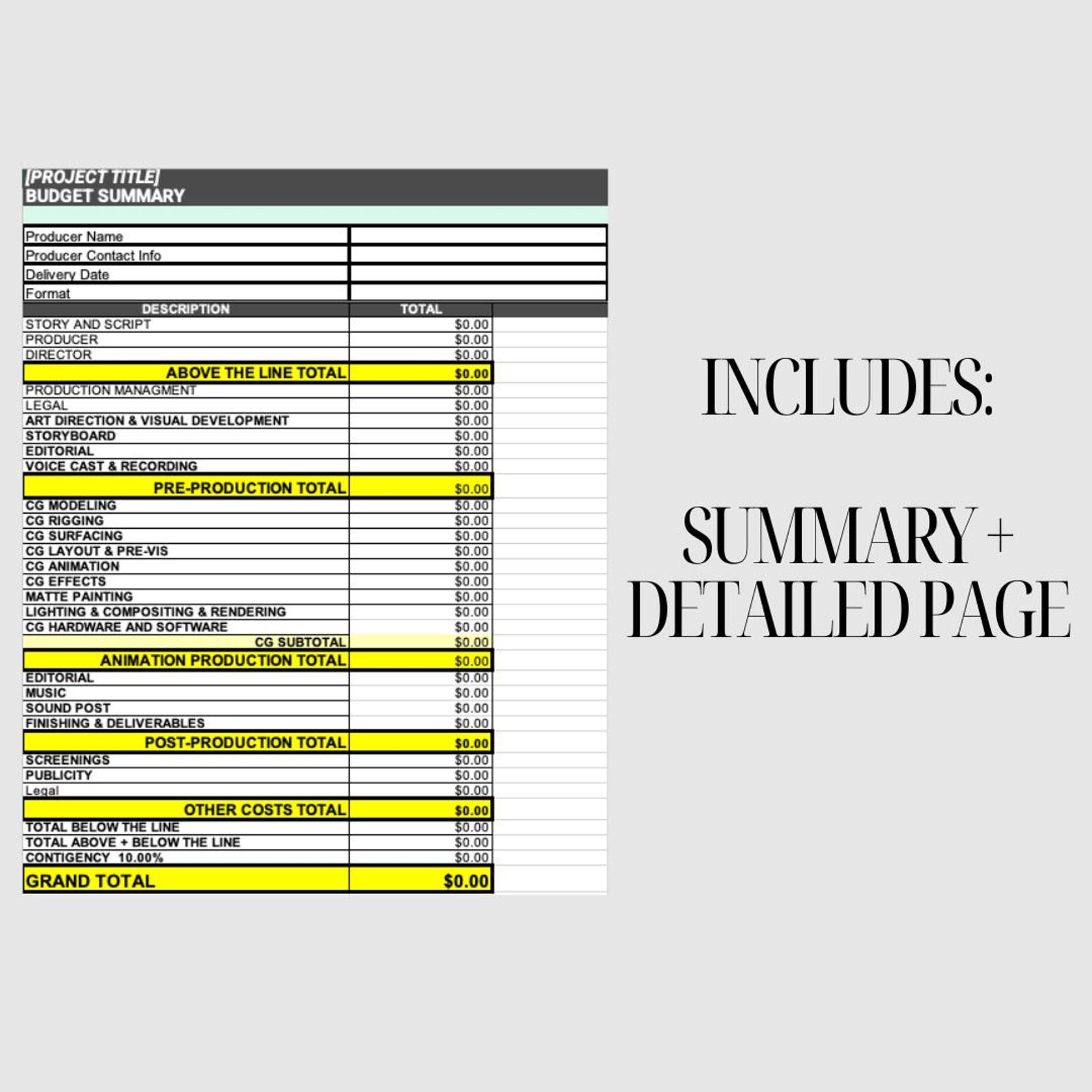 CG/3D Animation Budget Template (excel & Google Sheets) | Flexible for ...
