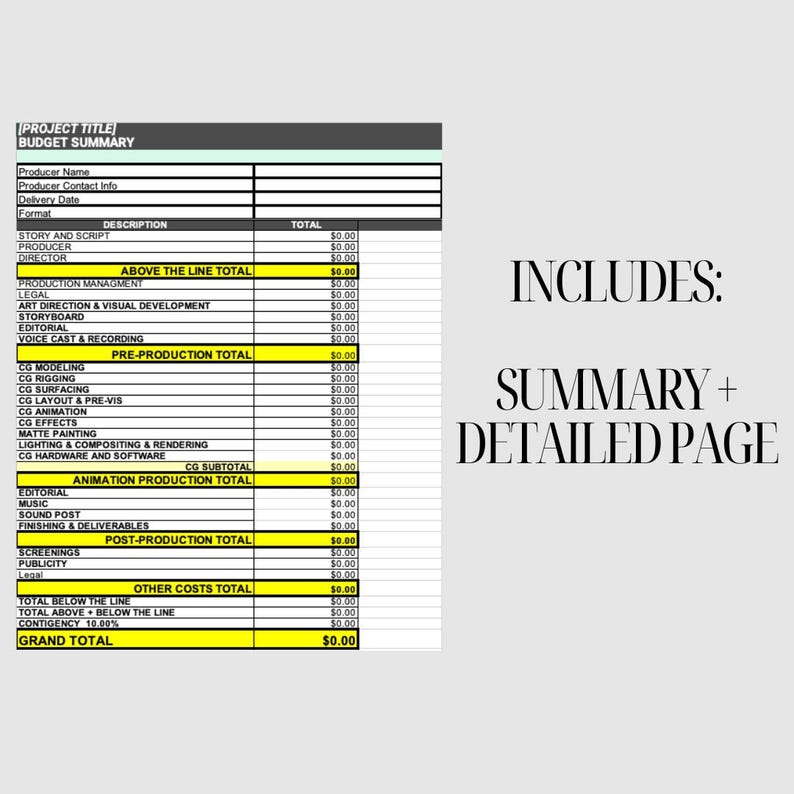 CG/3D Animation Budget Template (excel & Google Sheets) | Flexible for ...