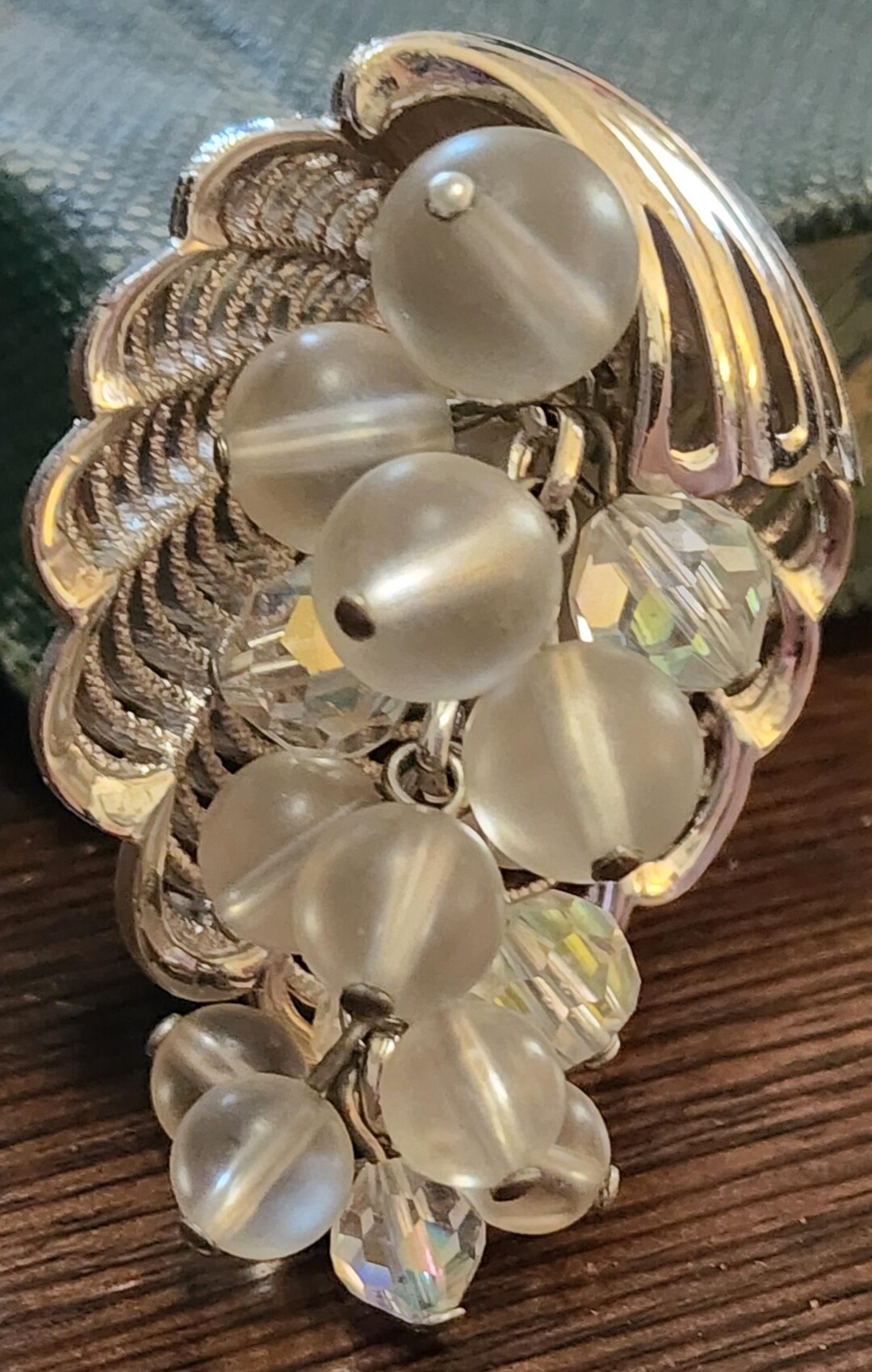 Vintage Parklane Silver Tone Clam Shell AB Crystals Cluster Dangle ...