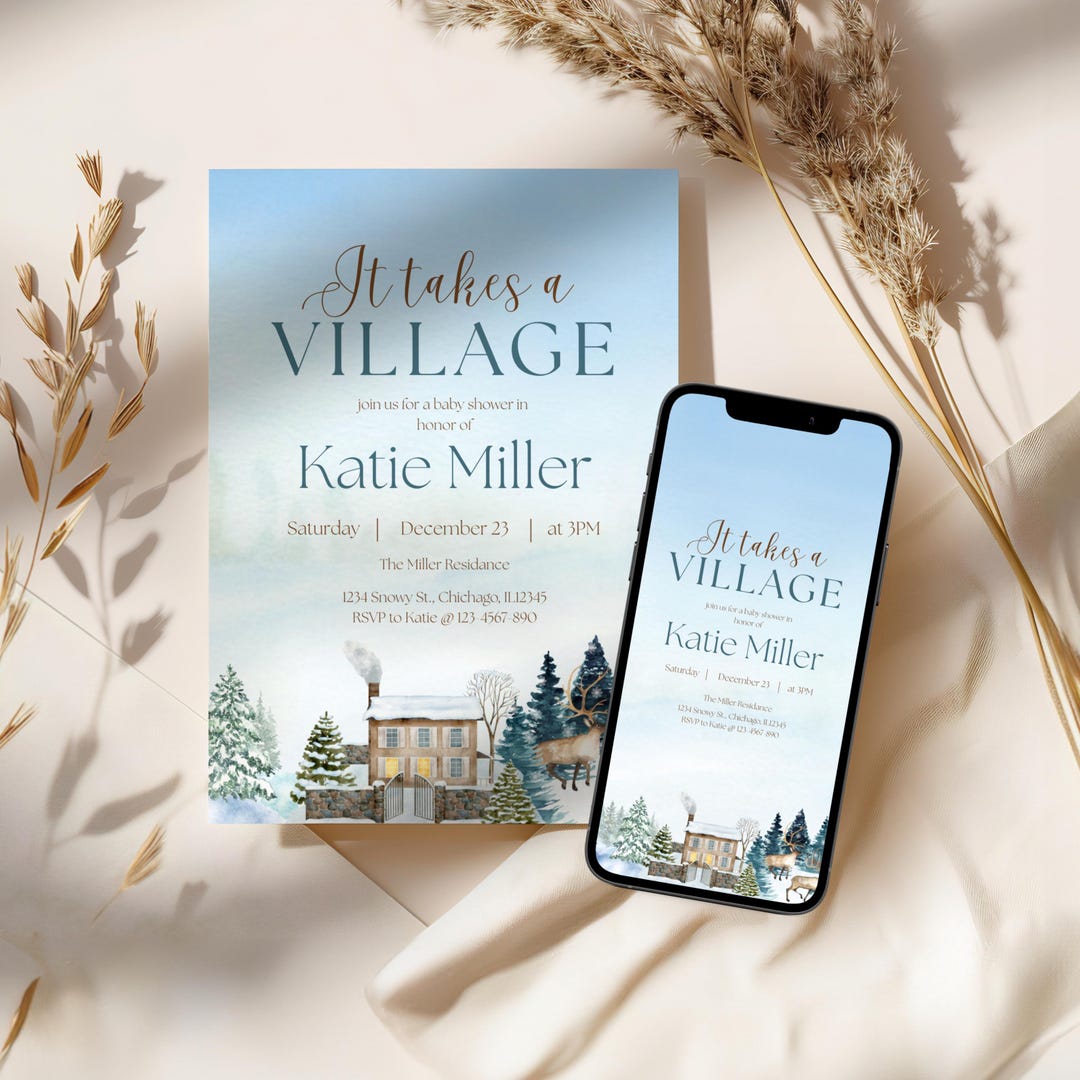 It Takes a Village Baby Shower Invitation Template, Editable Winter ...