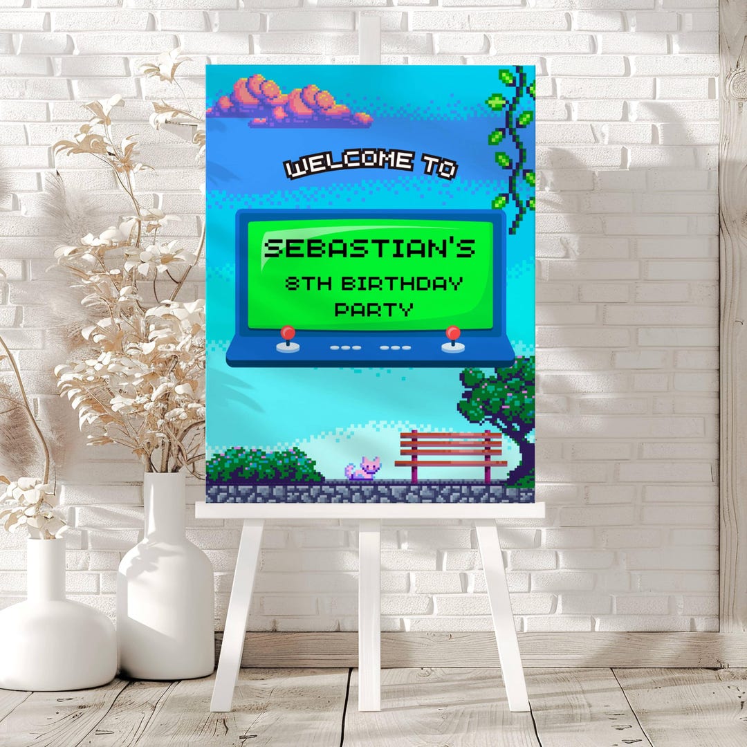 Retro Arcade Birthday Welcome Sign, Editable Canva Template (digital ...