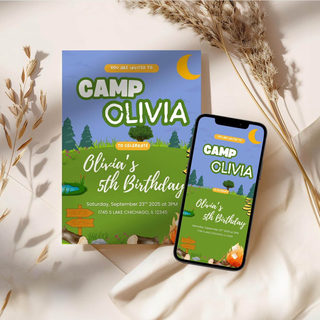Camp Birthday Invitation Template, Editable Camping Birthday Party ...