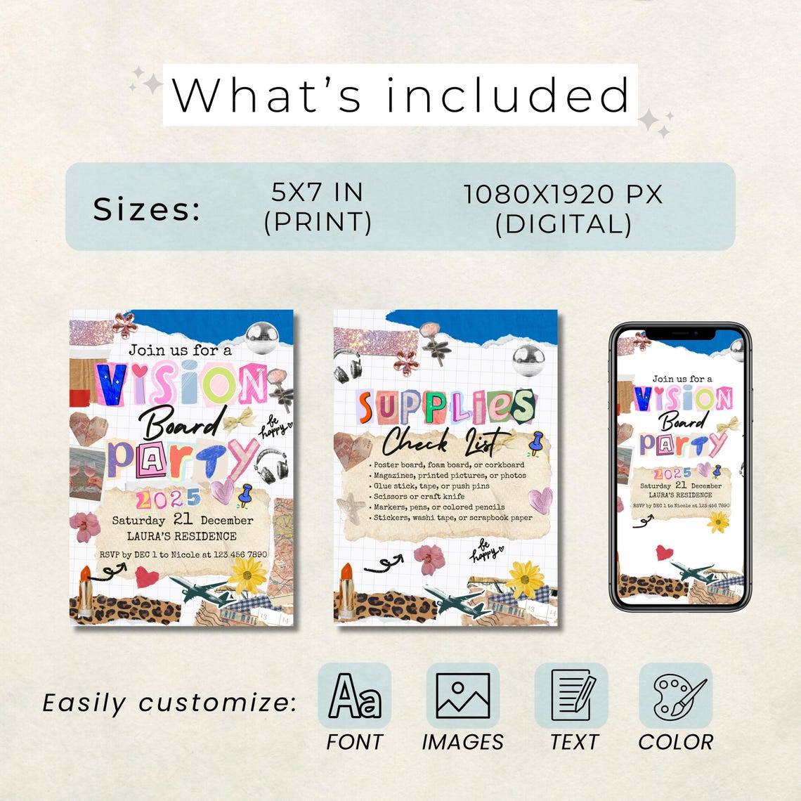 Vision Board Party Invite Girls Night Digital Invite Editable Template ...