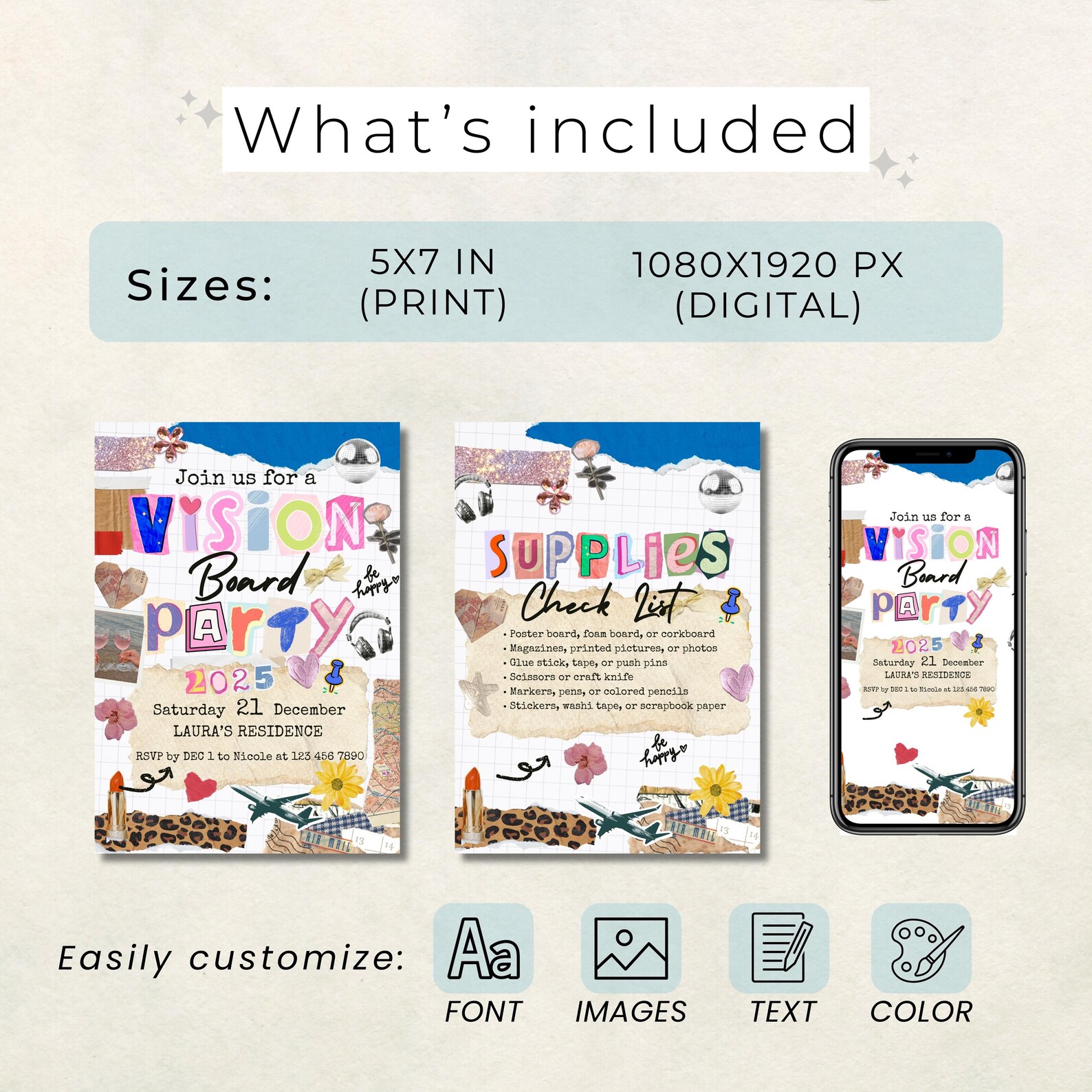 Vision Board Party Invite Girls Night Digital Invite Editable Template ...