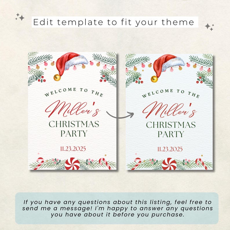 Christmas Party Welcome Sign Template, Editable Holiday Party Sign ...