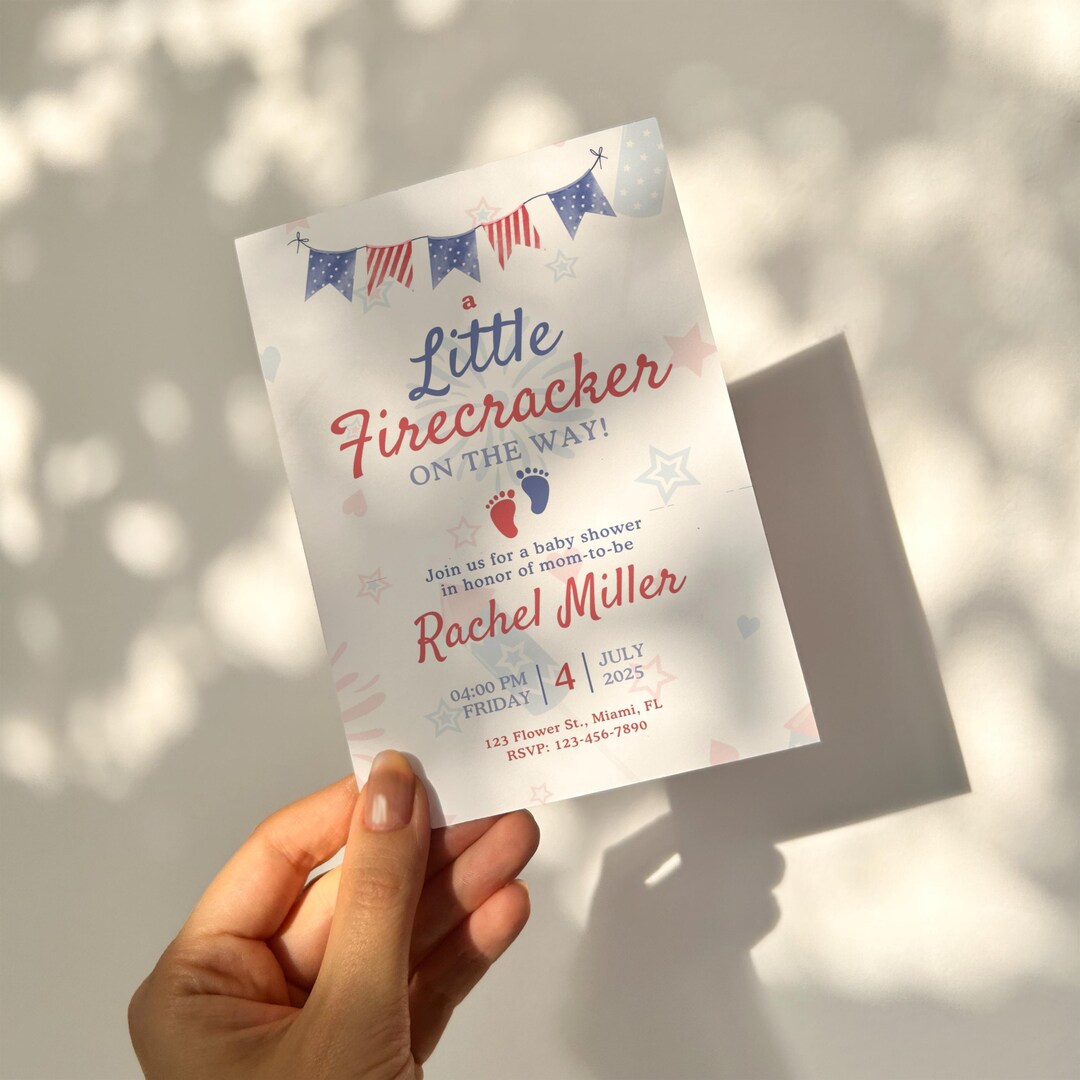Little Firecracker Baby Shower Invitation, July 4th Theme (editable ...