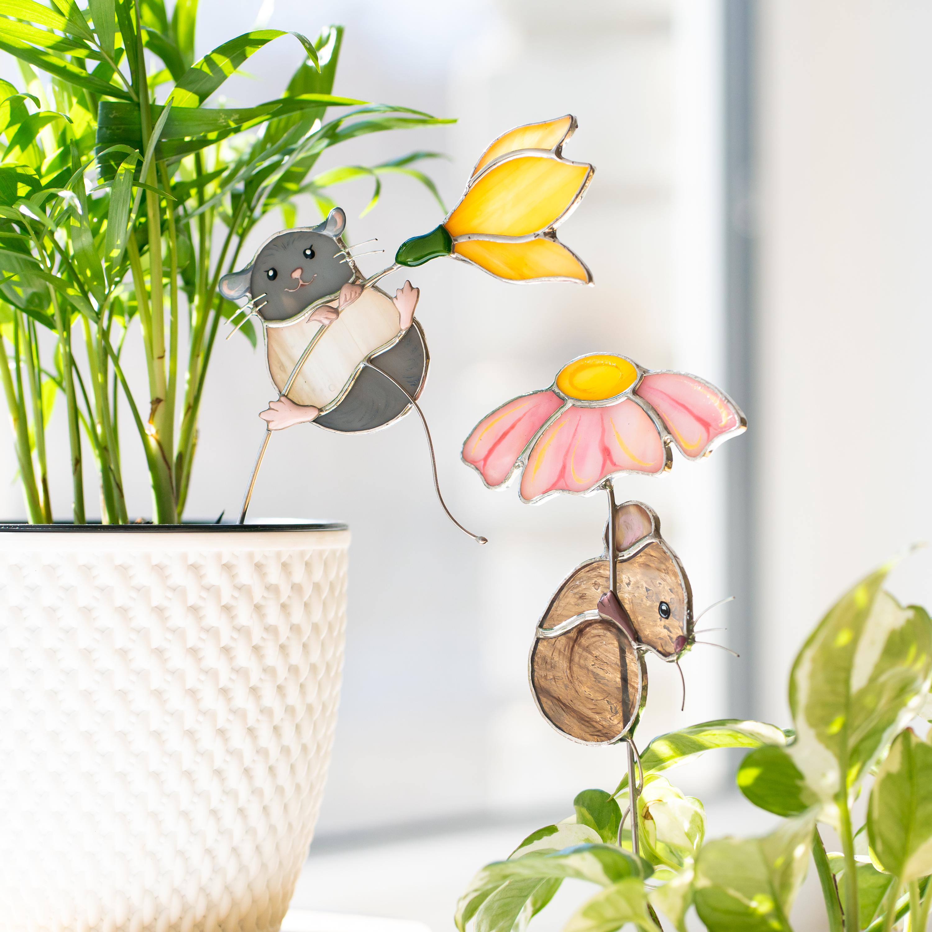 Stained Glass Mouse Plant Stakes Cottagecore Pot Decor Cozy Gift for ...