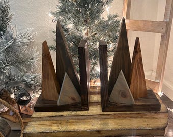 Wooden Mountain Bookends Holiday Winter Freestanding Finished Shapes ...