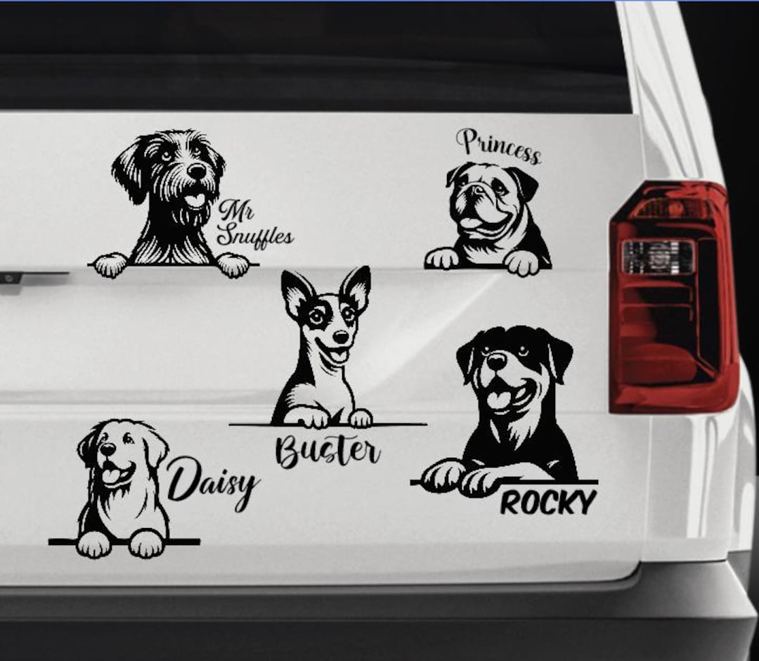 Dog Car Sticker, Custom Cut Vinyl Decal With Personalised Name. Decal ...