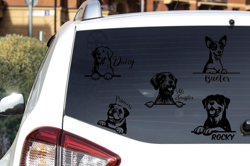 Dog Car Sticker, Custom Cut Vinyl Decal With Personalised Name. Decal ...