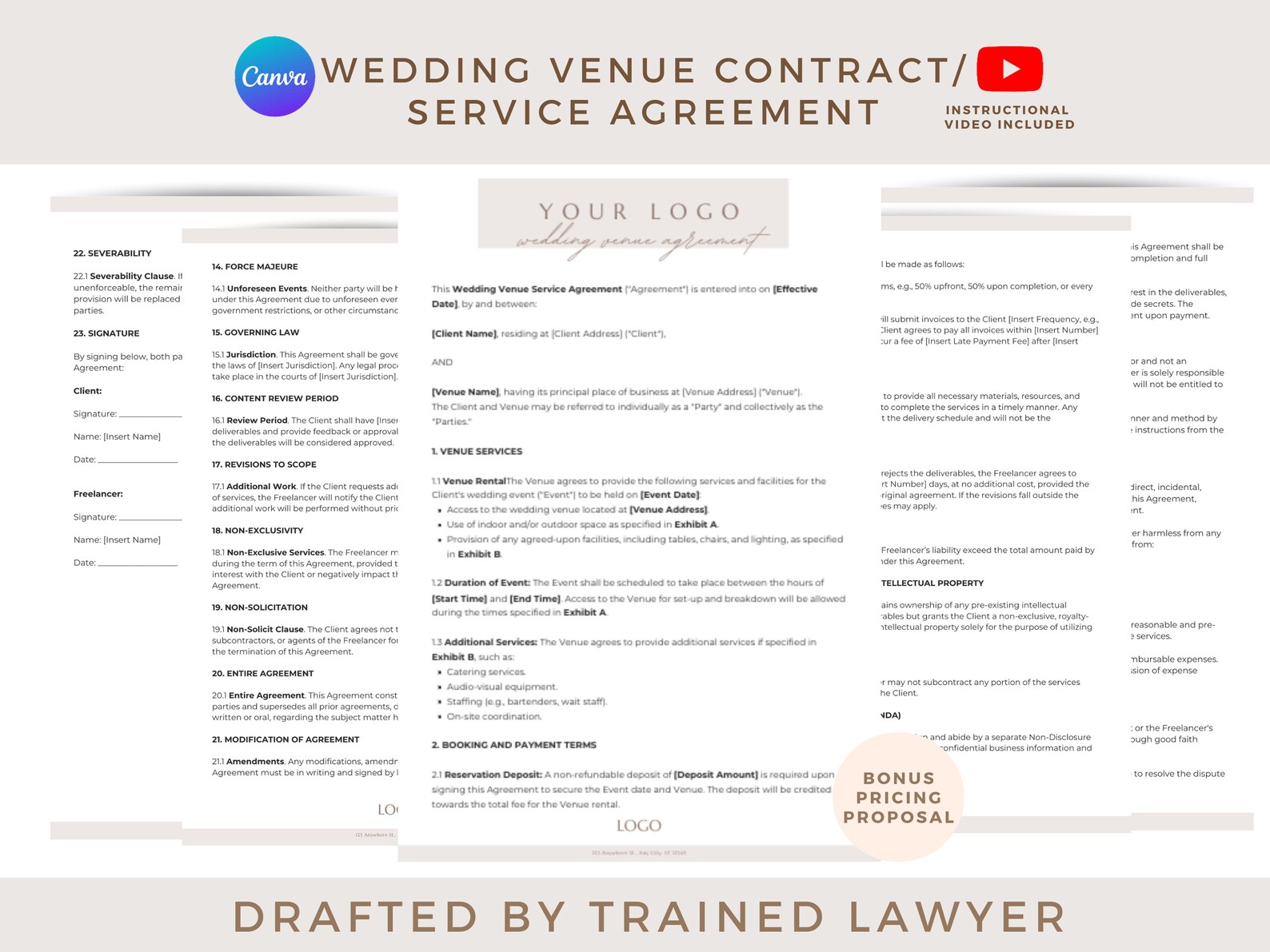 Venue Rental Service Agreement, Wedding Venue Contract, Editable Venue ...