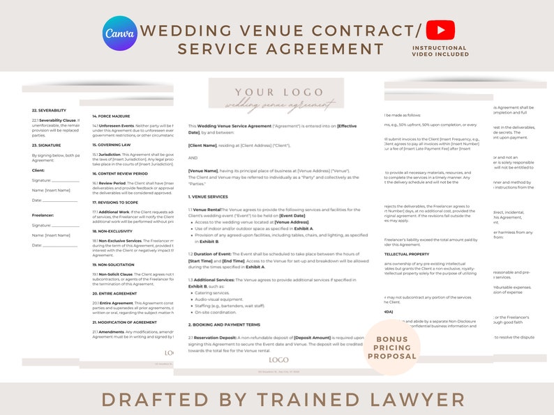 Venue Rental Service Agreement, Wedding Venue Contract, Editable Venue ...