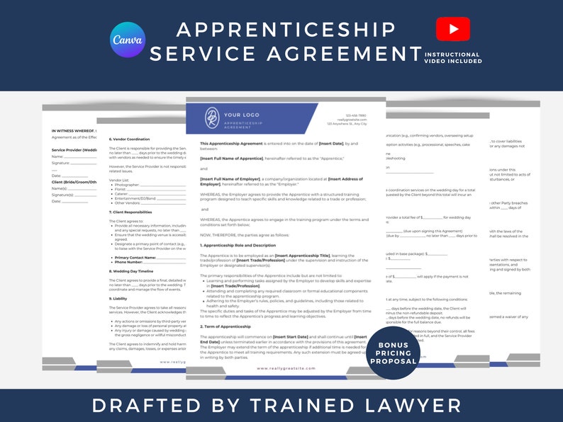 Professional Apprenticeship Agreement, Apprenticeship Form, Editable ...
