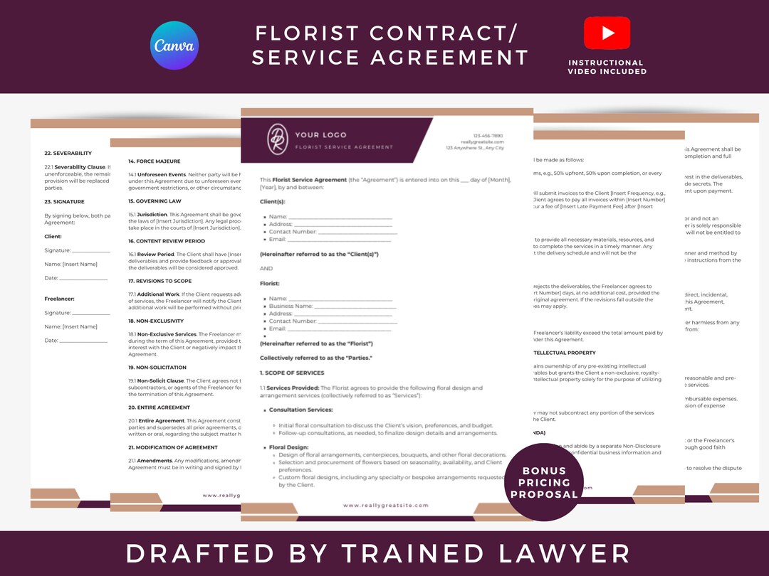 Florist Contract, Printable Floral Contract, Editable Event Florist ...