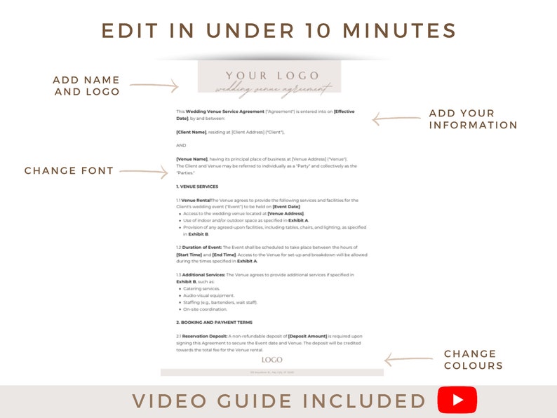 Venue Rental Service Agreement, Wedding Venue Contract, Editable Venue ...