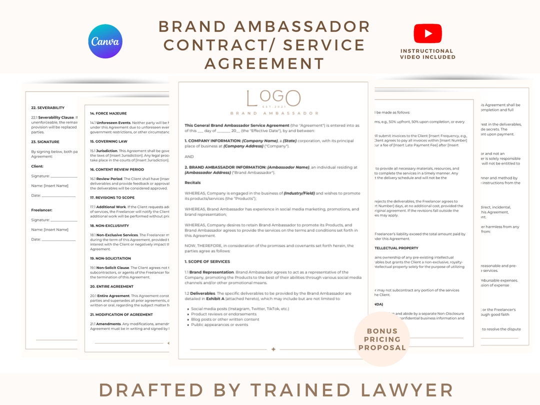 Brand Ambassador Agreement, Editable Ambassador Agreement, Ambassador ...