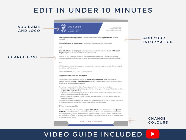 Professional Apprenticeship Agreement, Apprenticeship Form, Editable ...