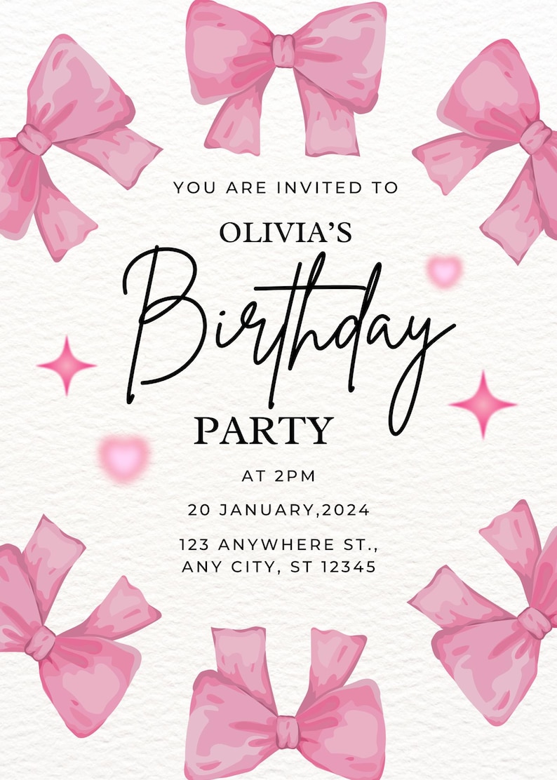 Pink Bows Birthday– Customizable (5x7 Template) - Etsy