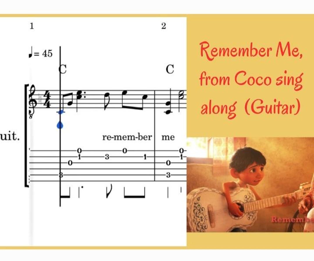 Remember Me Reunion From Coco Sing Along, Guitar Tablature Score Lesson ...