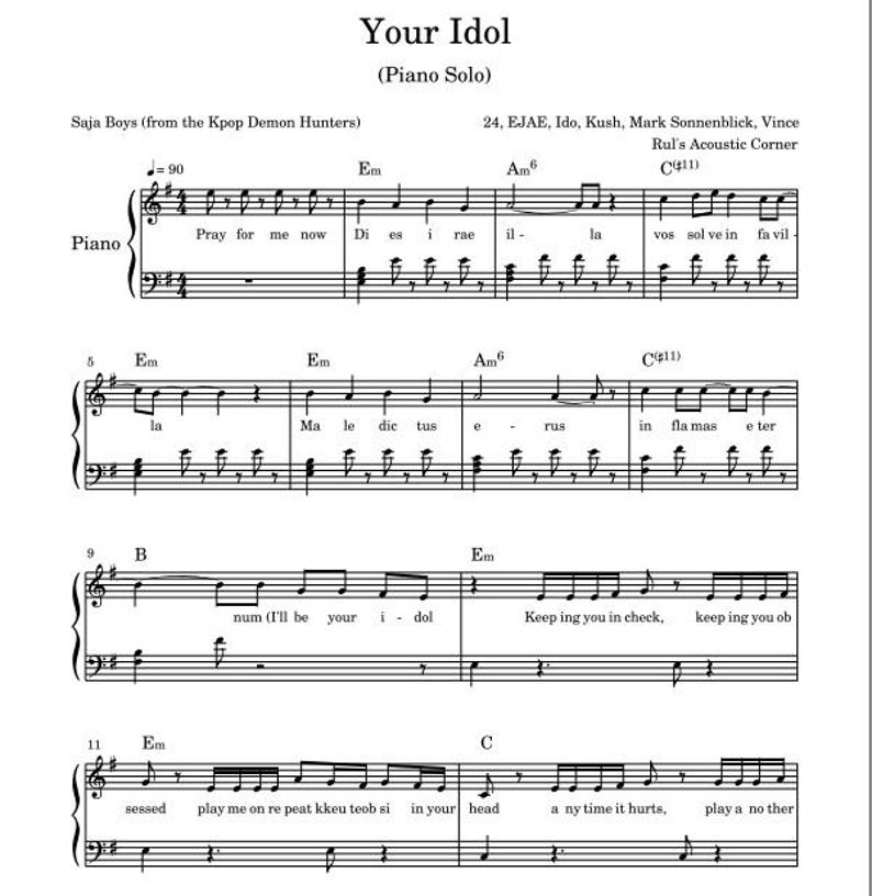 Your Idol From Kpop Demon Hunters | Piano Solo Sheet Music PDF With ...