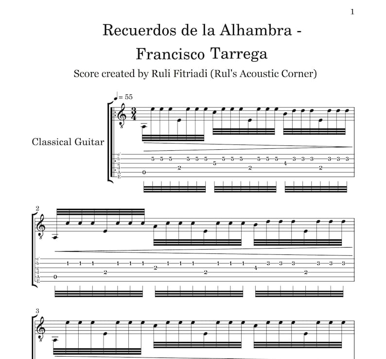 Best Classical Guitar Tabs Recuerdos De La Alhambra by Francisco ...