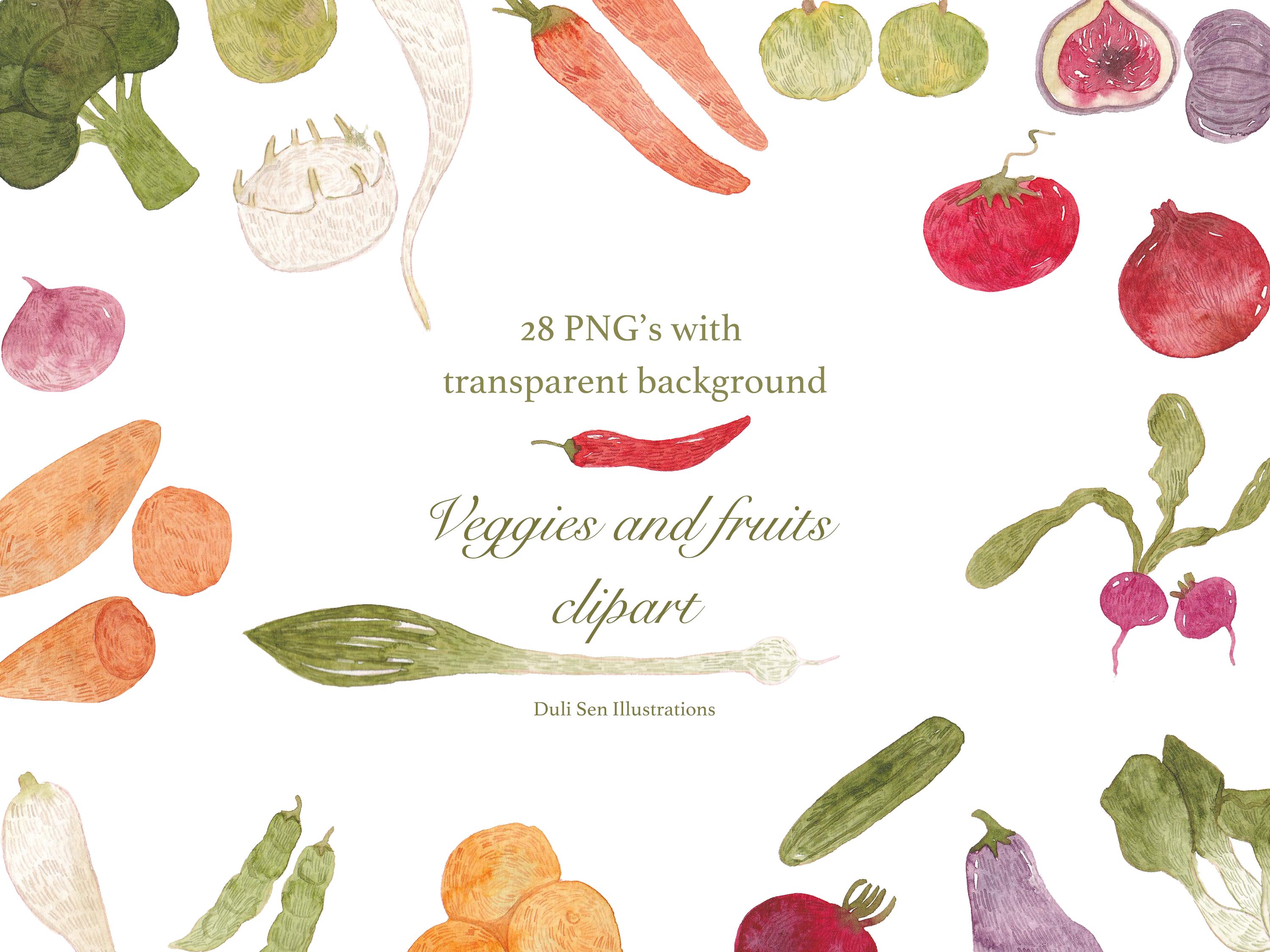 Veggies and Fruit Clipart - 28 PNG Transparent Elements (handmade ...