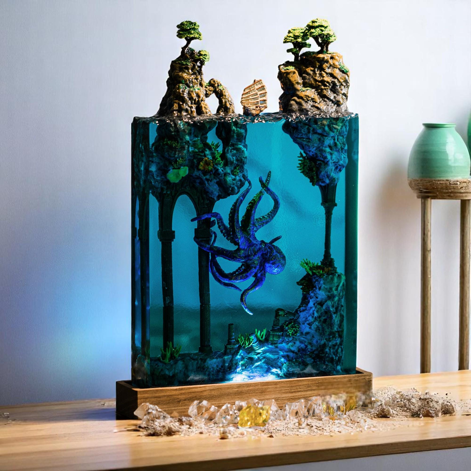 Ocean Adventure Resin Lamp – Scuba Diver Lamp, Octopus and Shark Epoxy ...
