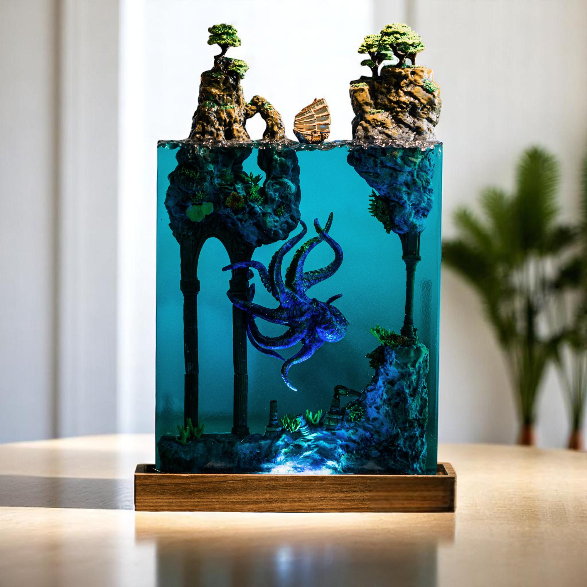 Ocean Adventure Resin Lamp – Scuba Diver Lamp, Octopus and Shark Epoxy ...