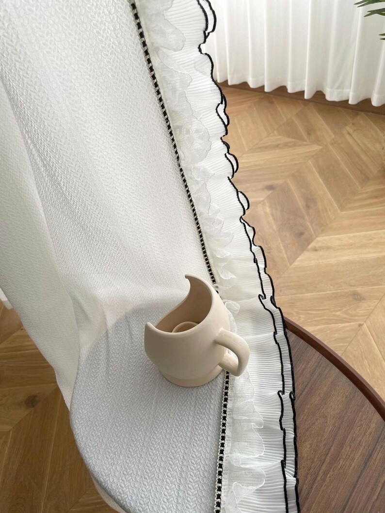 Elegant Sheer White Curtain With Delicate Black Ruffle Trim – Perfect ...